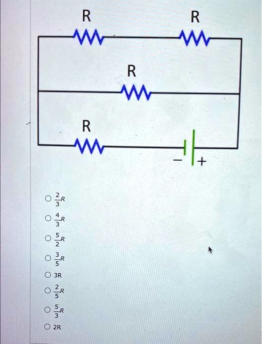 Four resistors, each of resistance R, are connected to a battery as ...