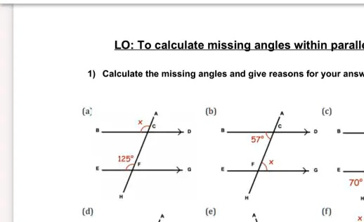 SOLVED: LO: To calculate missing angles within parallel lines Calculate the missing angles and ...
