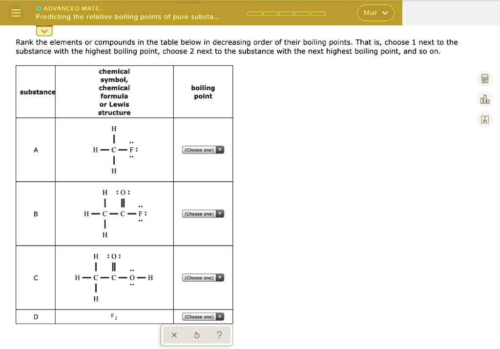 SOLVED:ADVANCED MATE; Miat Predicting the relative boiling points of pure substa Rank the ...