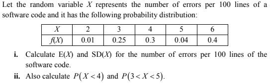 SOLVED: Let the random variable X represents the number of errors per 100 lines software code ...