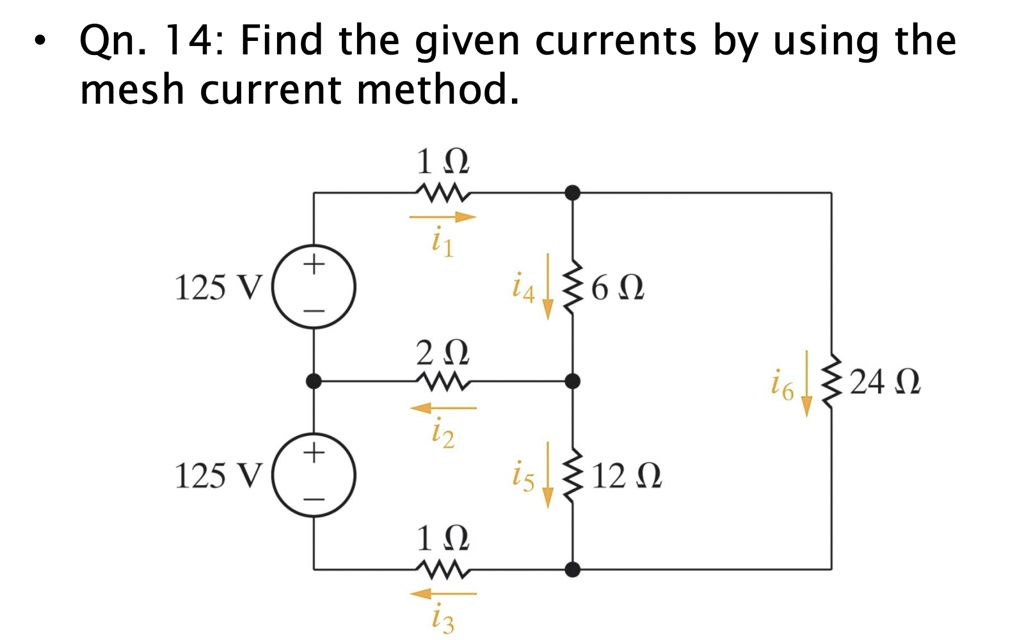 Qn. 14: Find the given currents by using the mesh current method.Qn. 14: Find the shown currents ...