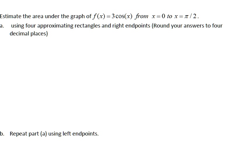 SOLVED: Estimate the area under the graph of f(x) = 3cos(x) from x = 0 ...