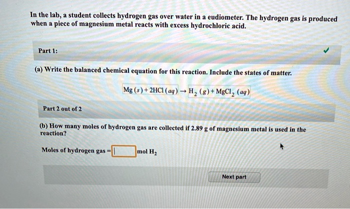 In the lab, a student collects hydrogen gas over water in a...