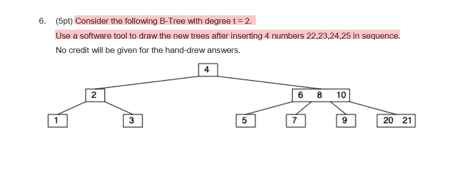 SOLVED: Consider the following B-Tree with degree t = 2. Use a software ...