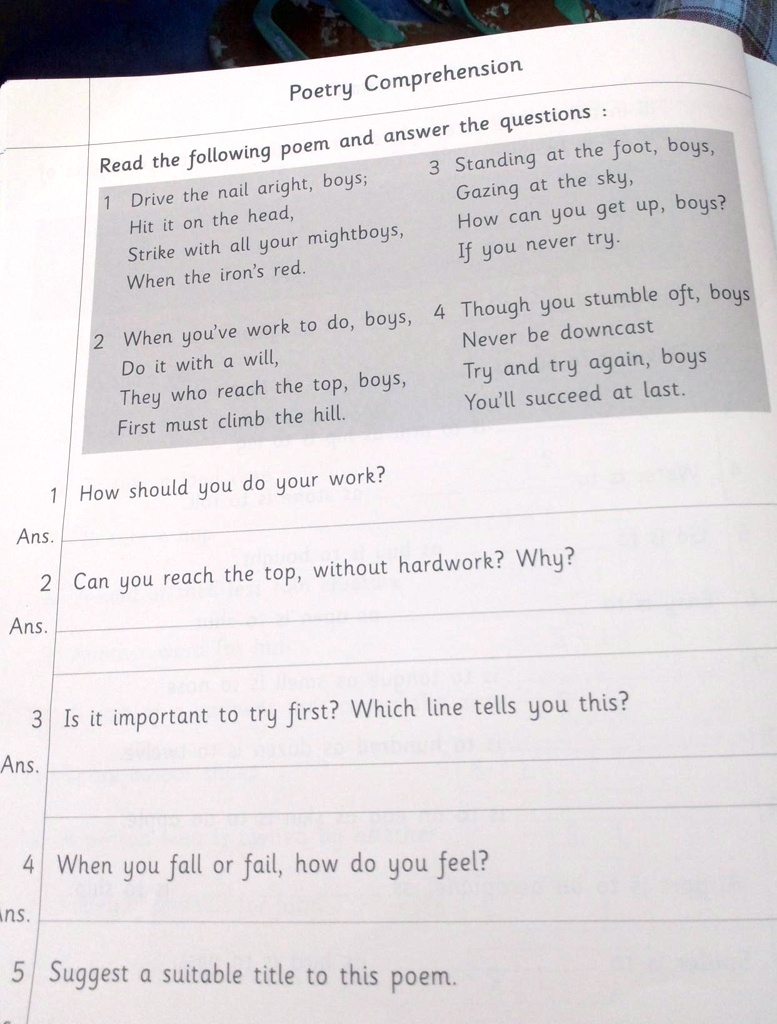 SOLVED: Poetry Comprehension 1 Read the following poem and answer the questions: Drive the nail ...