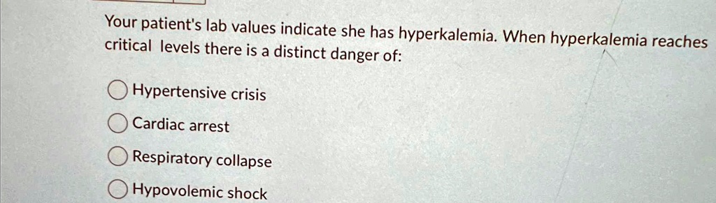 SOLVED: Your patient's lab values indicate she has hyperkalemia. When ...