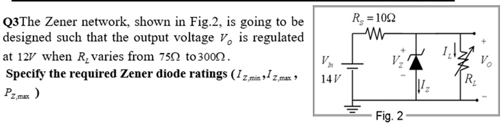 Q3The Zener network, shown in Fig.2, is going to be designed such that the output voltage Vo is ...