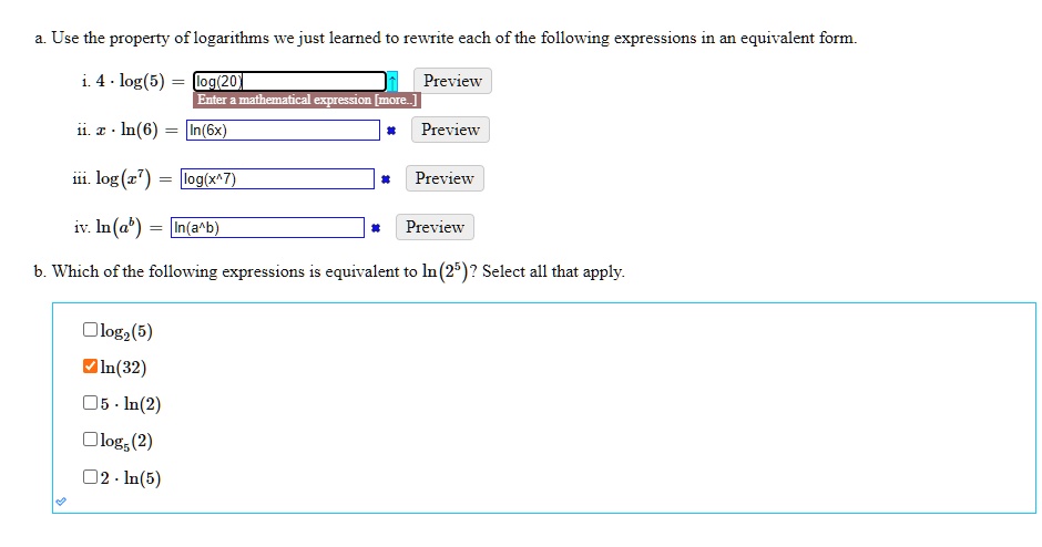 SOLVED: Use the property of logarithms we just learned to rewrite each of the following ...