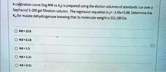 A calibration curve (log MW vs Kd) is prepared using the elution volumes of standards run over a ...
