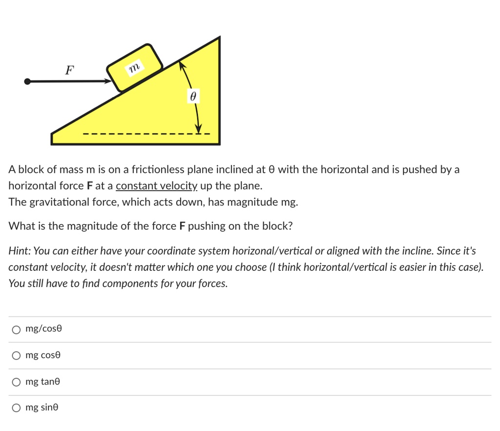 111 f a block of mass m is on a frictionless plane inclined at 0 with ...
