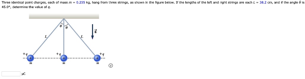 SOLVED: Three identical pcint charges; each Mass 45.0" determine the value 255 kg, hang from ...