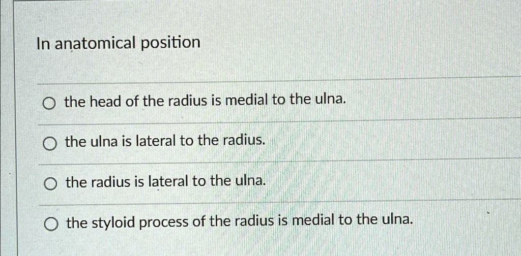 in anatomical position the head of the radius is medial to the ulna the ...