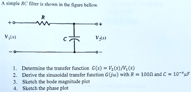 SOLVED: A simple RC filter is shown in the figure below: o+ V(s) 1 ...