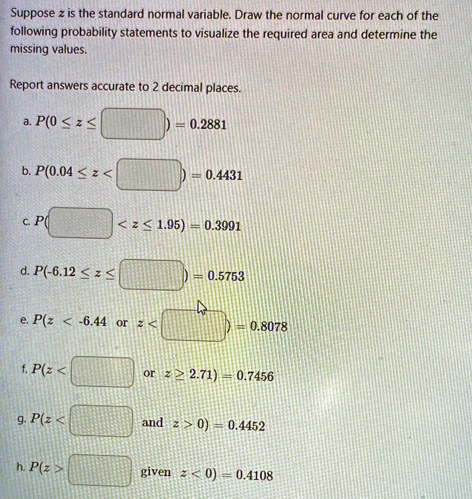 SOLVED: Suppose z is the standard normal variable. Draw the normal curve for each of the ...