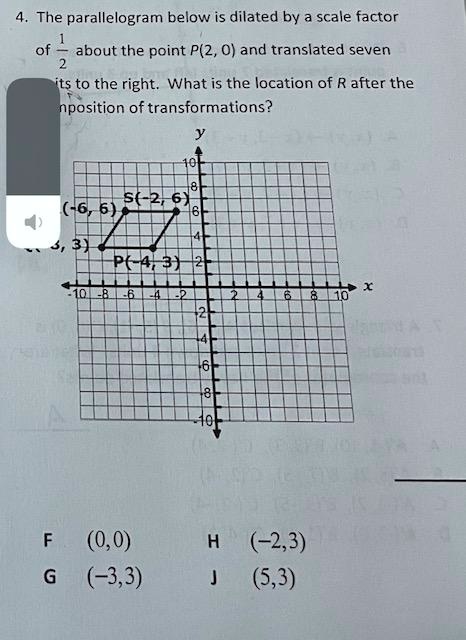 The parallelogram below is dilated by a scale factor about the point P(2, 0) and translated ...