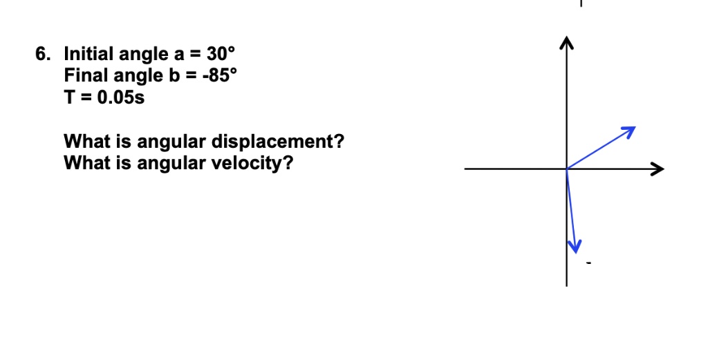 SOLVED: 6_ Initial angle a = 309 Final angle b = -859 T =0.05s What is ...