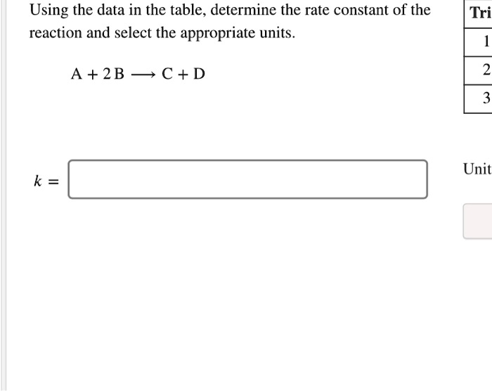 Using the data in the table, determine the rate constant of the reaction and select the ...