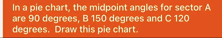 SOLVED: In a pie chart; the midpoint angles for sector A are 90 degrees, B 150 degrees and C 120 ...