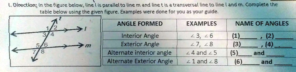 SOLVED: Direction: In the figure below, line l is parallel to line m and line t is a transversal ...