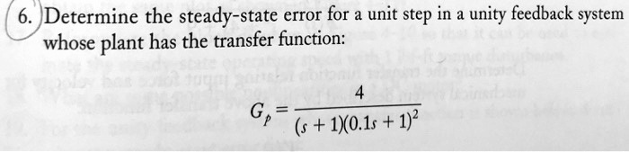 SOLVED: Determine the steady-state error for a unit step in a unity feedback system whose plant ...