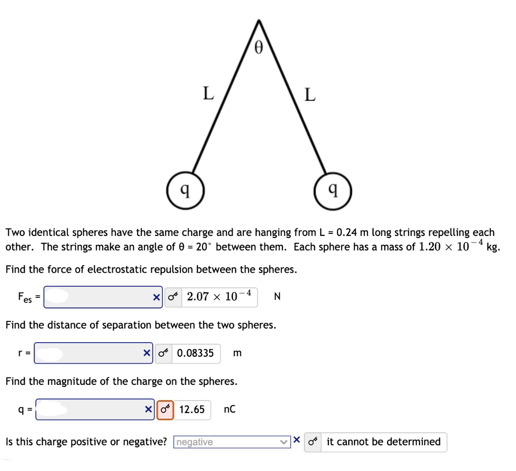 SOLVED: Two identical spheres have the same charge and are hanging from L = 0.24 m long strings ...