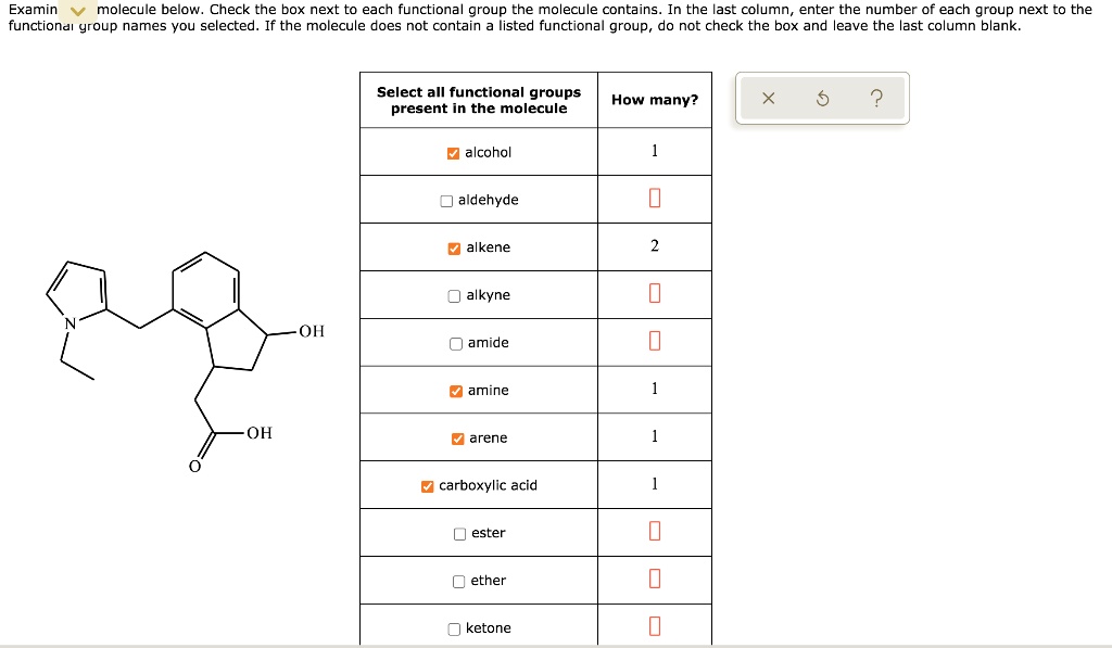 SOLVED: Examin molecule below Check the box next to each functional ...