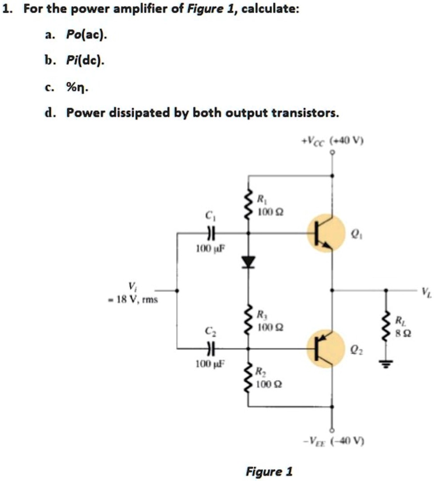 for the power amplifier of figure 1 calculate a poac b pi dc c d power dissipated by both output ...