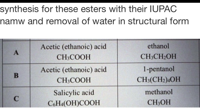 SOLVED: Text: Synthesis for these esters with their IUPAC name and ...