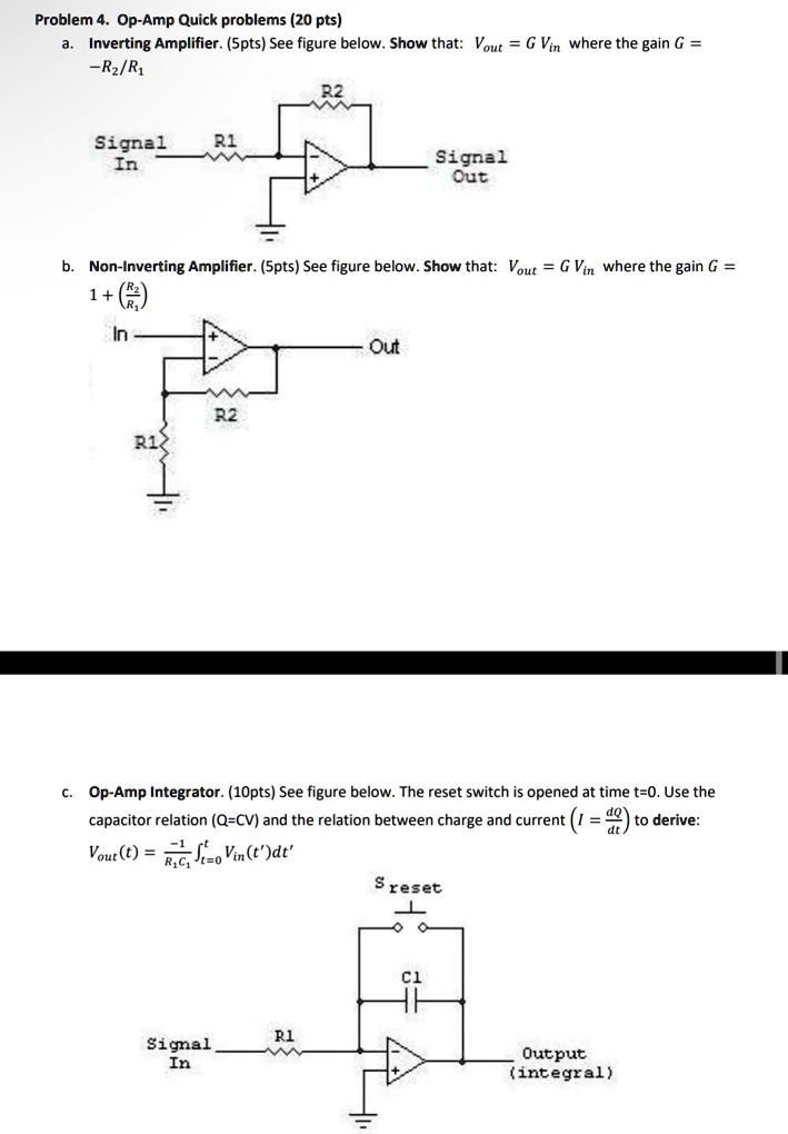Problem 4. Op-Amp Quick problems (20 pts) a. Inverting Amplifier. (5pts ... Problem 4. Op-Amp Quick problems (20 pts) a. Inverting Amplifier. (5pts ...