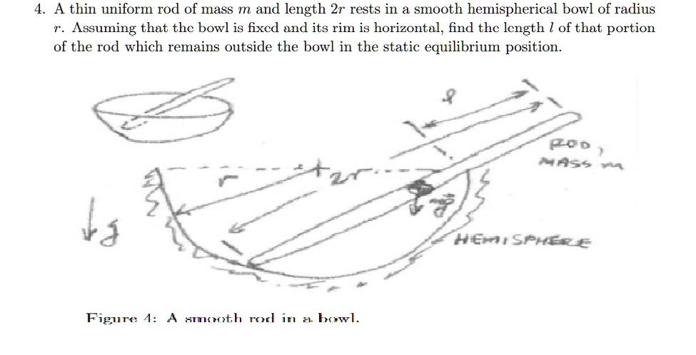 4. A thin uniform rod of mass m and length 2r rests in a smooth hemispherical bowl of radius r ...
