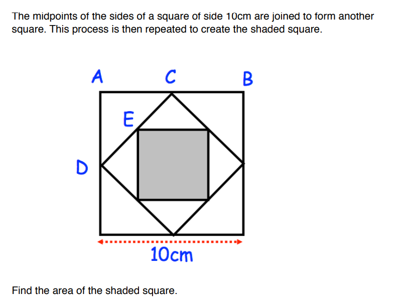 The midpoints of the sides of a square of side 10 cm are joined to form ...