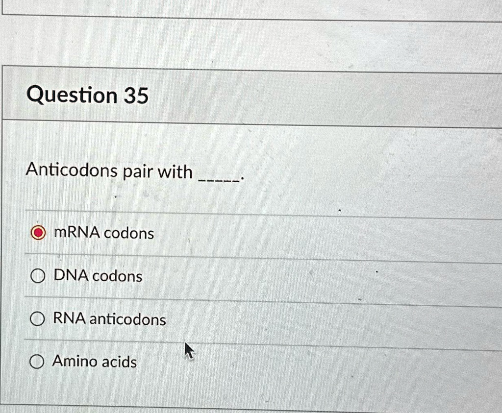 Question 35 Anticodons pair with mRNA codons DNA codons RNA anticodons ...