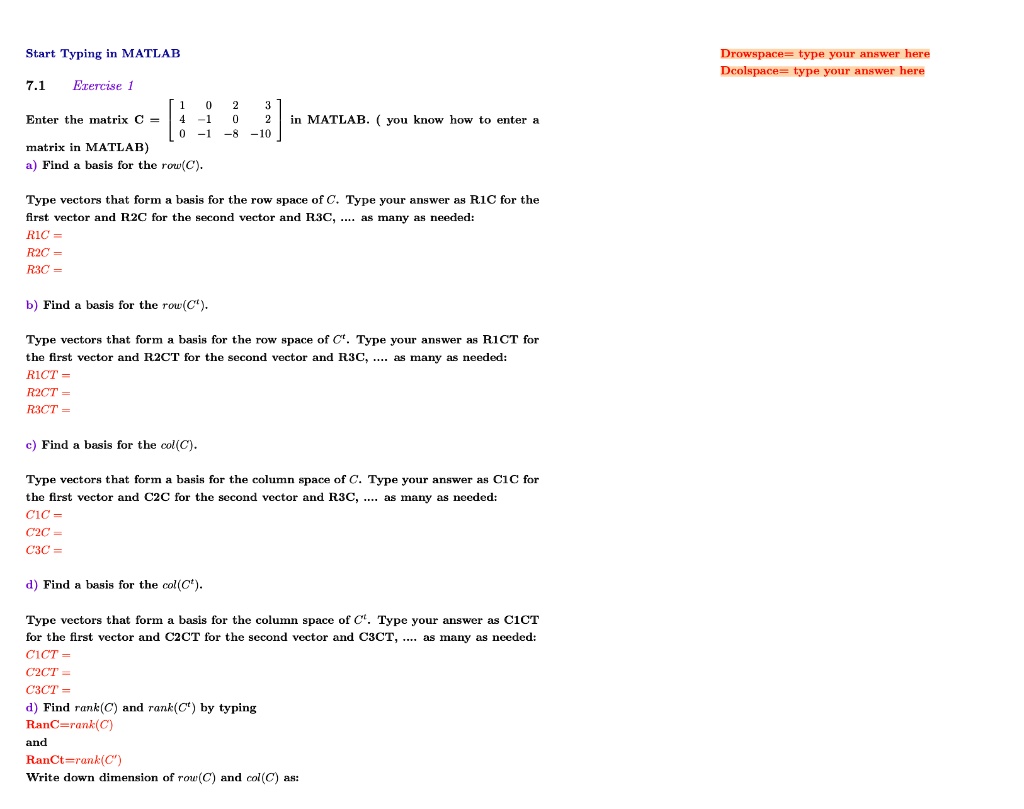 Start Typing in MATLAB 7.1 Exercise 1 Enter the matrix C = in MATLAB ...