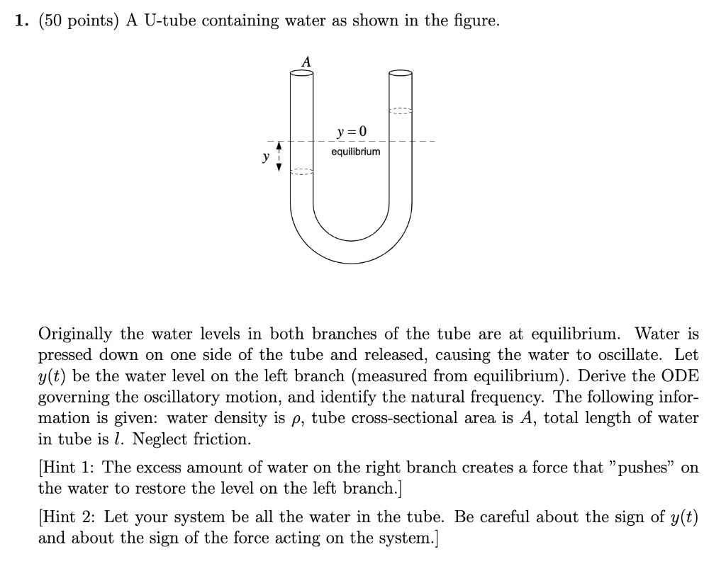 SOLVED: 1 (50 points) A U-tube containing water aS shown in the figure ...