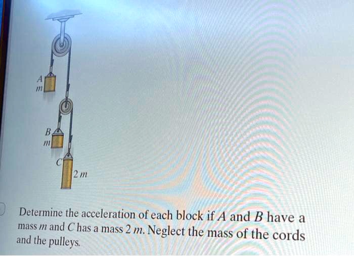 A m B m C 2 m Determine the acceleration of each block if A and B have a mass m and C has a mass ...