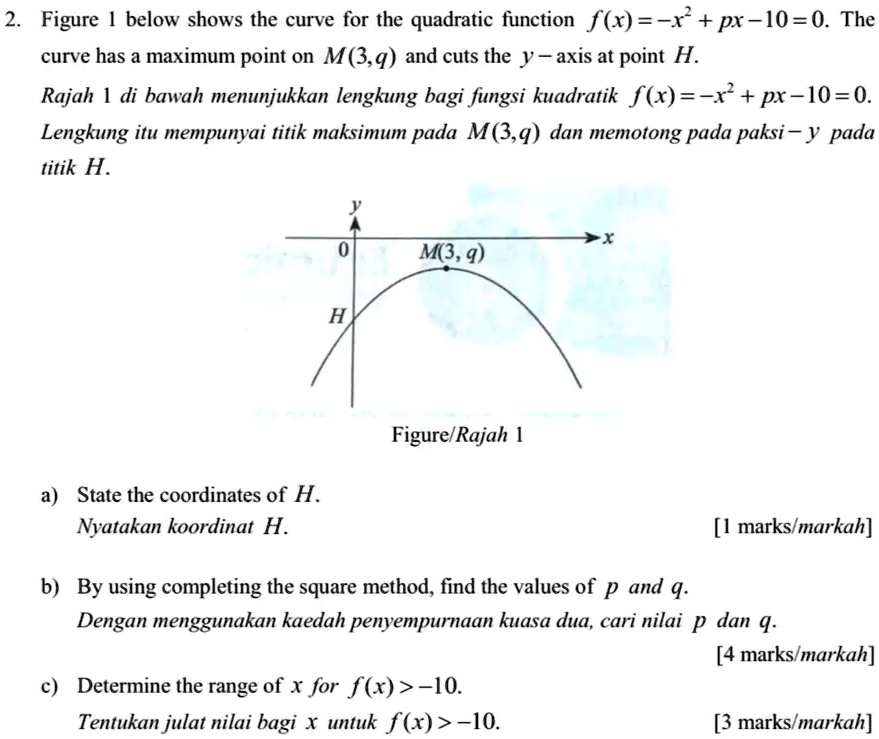 SOLVED: Figure below shows the curve for the quadratic function f(x) = -x^2 + px - 10 = 0. The ...
