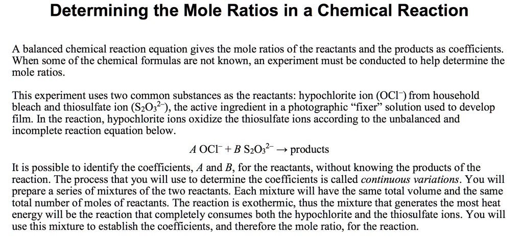 SOLVED: Determining the Mole Ratios in a Chemical Reaction A balanced ...