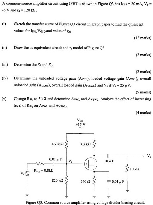 SOLVED: A common-source amplifier circuit using JFET is shown in Figure Q3. It has Ipss = 20 mA ...