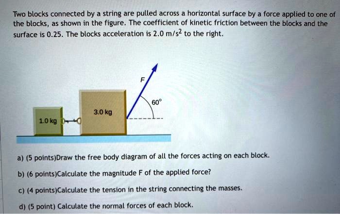 two blocks connected by string are pulled across horizontal surface by a force applied to one of ...