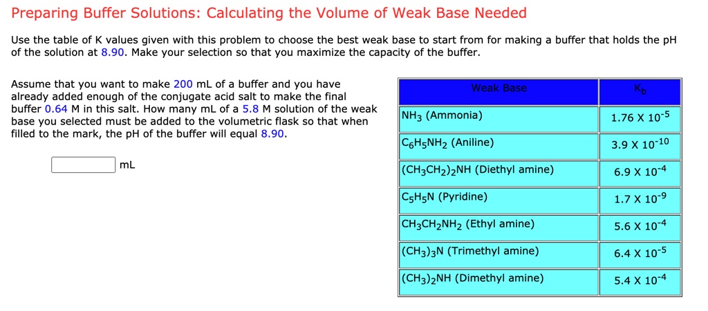 SOLVED:Preparing Buffer Solutions: Calculating the Volume of Weak Base Needed Use the table of K ...