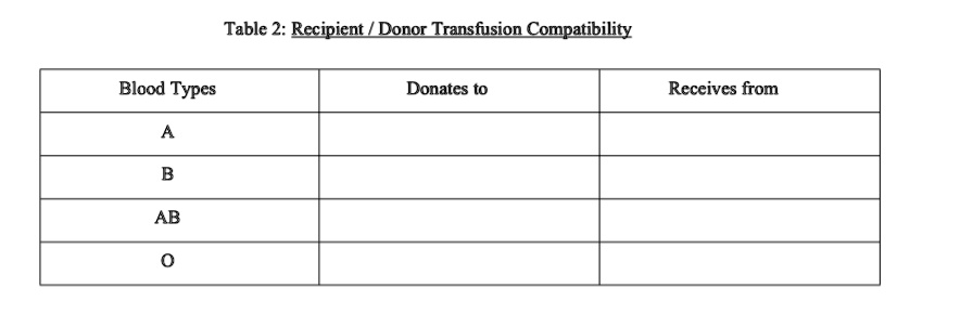 SOLVED: Table 2: Recipient DonorTransfusion Compatibility Blood Types ...