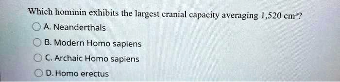 SOLVED: Which hominin exhibits the largest cranial capacity averaging 1 ...