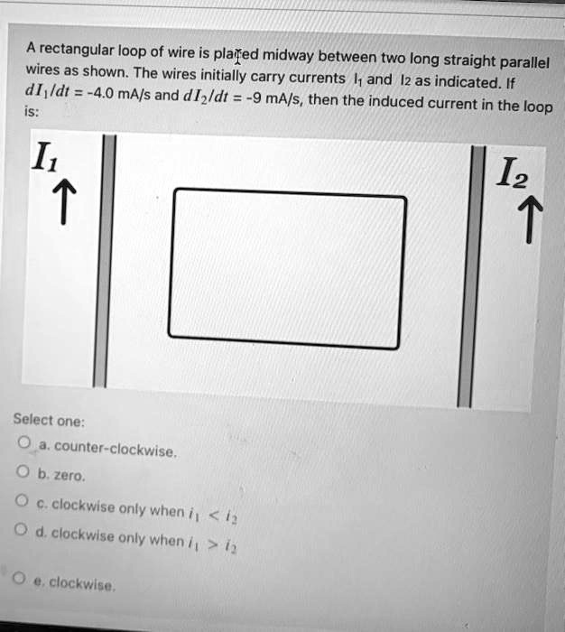 A rectangular loop of wire is placed midway between two long straight parallel wires as shown ...