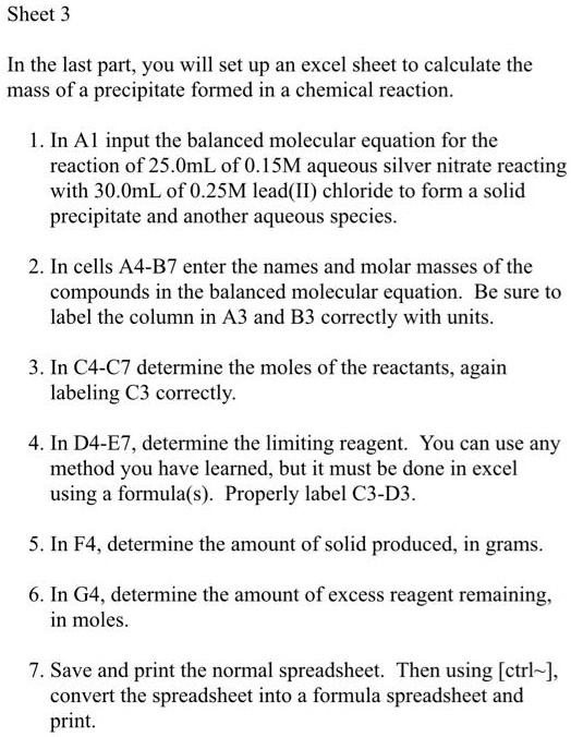 SOLVED: Text: Sheet 3 In the last part, you will set up an Excel sheet to calculate the mass of ...
