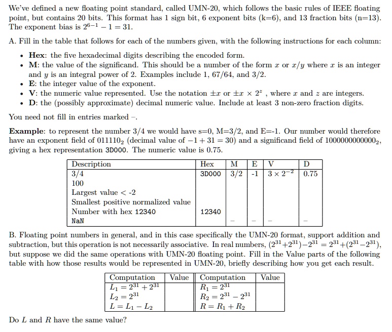 SOLVED: We've defined a new floating point standard, called UMN-20, which follows the basic ...