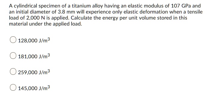 SOLVED: A cylindrical specimen of a titanium alloy having an elastic modulus of 107 GPa and an ...