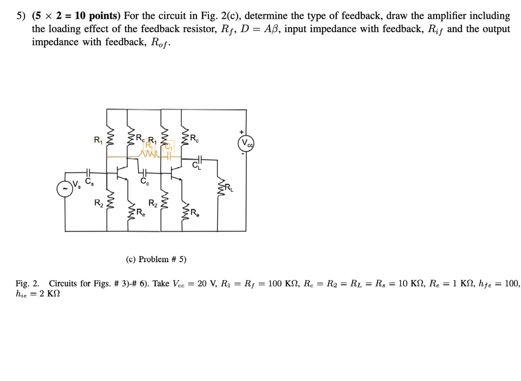 5) (5 x 2 = 10 points) For the circuit in Fig. 2(c), determine the type of feedback, draw the ...