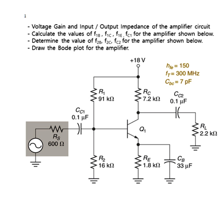 SOLVED: - Voltage Gain and Input/Output Impedance of the amplifier circuit - Calculate the ...