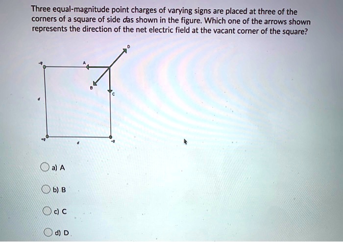 SOLVED: Three equal-magnitude point charges of varying signs are placed at three of the corners ...