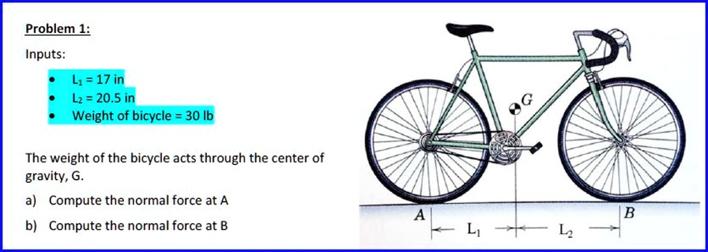 SOLVED: Problem 1: Inputs: L = 17in, L = 20.5in, Weight of bicycle ...